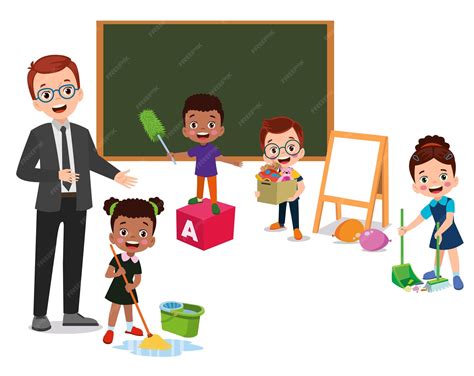 Premium Vector Cute Students Cleaning Classroom At School