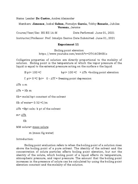 Group 4 Experiment 11 Boiling Point Elevation Pdf Solution
