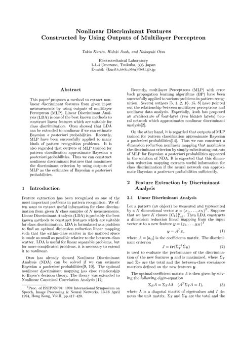 Pdf Nonlinear Discriminant Features Constructed By Using Outputs Of Multilayer Perceptron