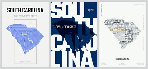 50 세트 중 8 세트 이름과 정보가있는 미국 주 포스터 3 디자인 스타일 상세한 벡터 아트 프린트 사우스 캐롤라이나 지도 사우스 캐롤라이나에 대한 스톡 벡터 아트 및 기타