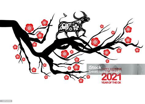 2021 년 해피 중국 새해 황소 조디악 사인 인사말 카드 전단지 포스터색상 배경에 벚꽃 공예 스타일 대만에 대한 스톡 벡터 아트 및 기타 이미지 Istock
