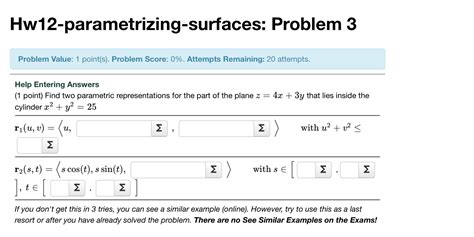 solved hw12 parametrizing surfaces problem 3 problem value
