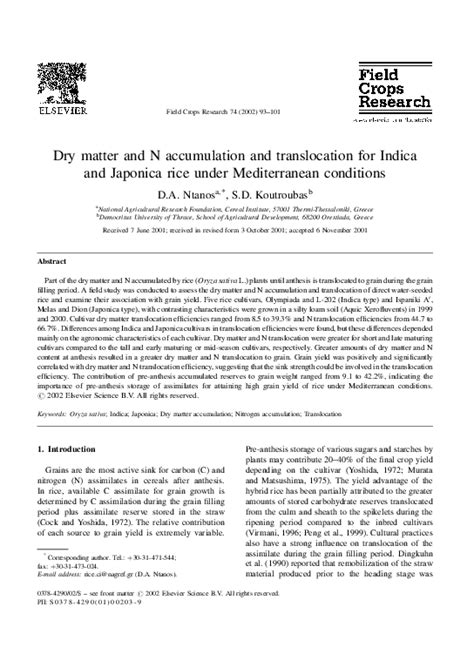 Pdf Dry Matter And N Accumulation And Translocation For Indica And Japonica Rice Under