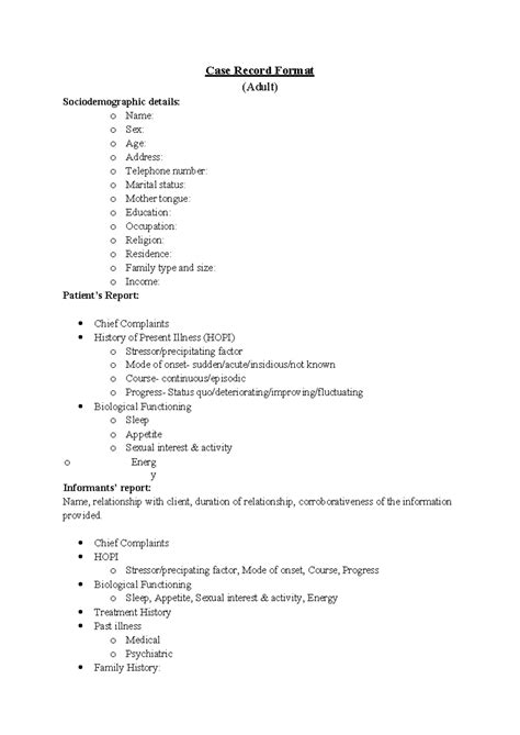 Case Record Formatdocx Adult Sociodemographic Details O Name O Sex