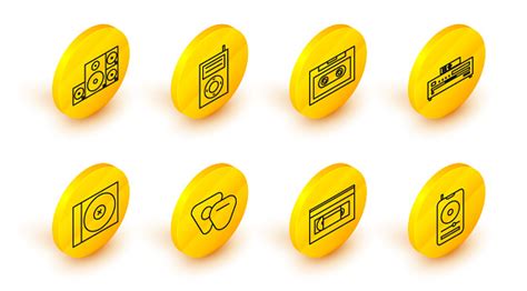 라인 음악 플레이어 Vhs 비디오 카세트 테이프 기타 픽 Cd 또는 Dvd 디스크 레트로 오디오 Mp3 및 스테레오 스피커 아이콘을 설정합니다 벡터 3차원 형태에 대한 스톡