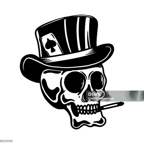 빈티지 모자에 포커 두개골의 그림 포스터 카드 배너 엠블럼 기호를위한 디자인 요소 벡터 일러스트 레이 션 두개골에 대한 스톡