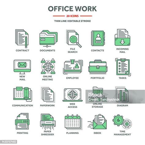 비즈니스 및 사무 업무 계획 및 스케줄링 일일 일정 직원 근무일 사무용 도구 및 문구 용품 문서 서류 작업 얇은 줄 웹 아이콘 설정 벡터 일러스트 레이 션 0명에 대한 스톡