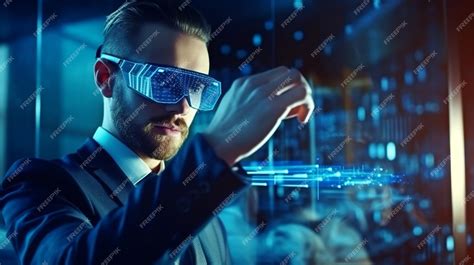 premium photo a man wearing hightech smart glasses searches for a