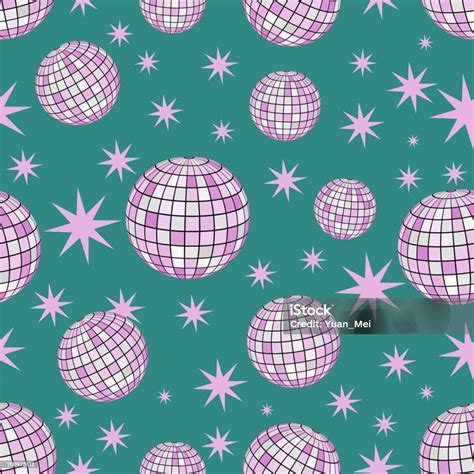 나이트 클럽 디자인에 대 한 디스코 공 완벽 한 패턴입니다 녹색 배경에 화려한 디스코 공 세련 된 패턴입니다 벡터 벡터 일러스트 미러볼에 대한 스톡 벡터 아트 및 기타