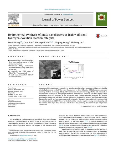 Pdf Hydrothermal Synthesis Of Mos2 Nanoflowers As Highly Efficient