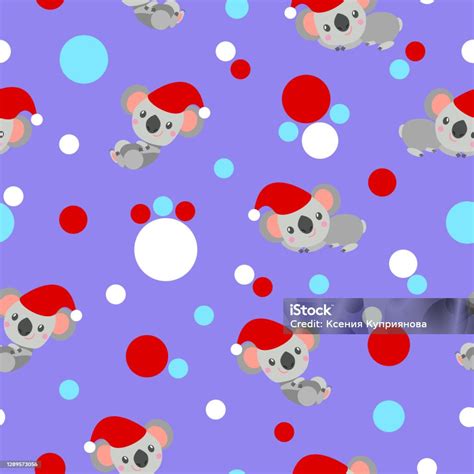 빨간 크리스마스 모자를 쓰고 코알라 아기들과 함께 누워 웃고 있는 매끄러운 패턴 보라색 배경 흰색 빨간색 및 파스텔 블루 색종이 엽서 스크랩북 섬유 벽지 및 포장지 가공의
