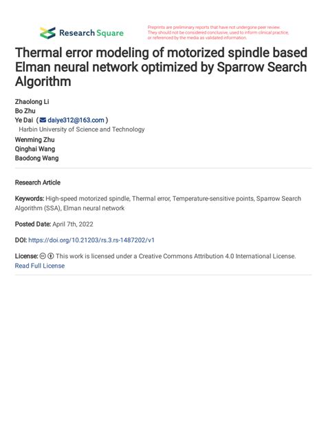 PDF Thermal Error Modeling Of Motorized Spindle Based Elman Neural Network Optimized By
