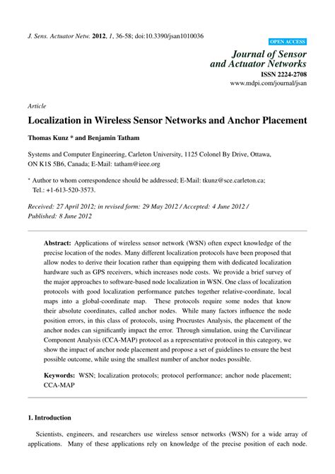 Pdf Localization In Wireless Sensor Networks And Anchor Placement