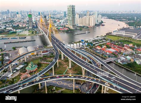 Aerial View Of Bhumibol Bridge In Samut Prakan Bangkok Thailand Stock