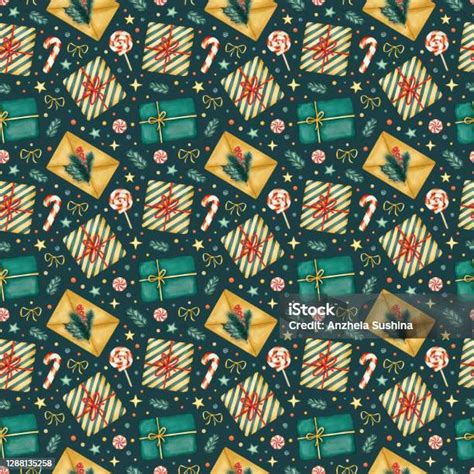 수채화 전통적인 크리스마스 요소 원활한 패턴 공예 편지 봉투 선물 상자 과자 홀리 별 디자인 프린트를 위한 홀리데이 핸드 그린 배경 0명에 대한 스톡 벡터 아트 및 기타