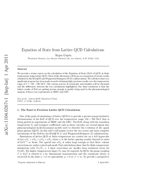 Pdf Equation Of State From Lattice Qcd Calculations