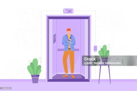 엘리베이터 벡터 일러스트의 직원입니다 호텔 엘리베이터에 있는 남자 식물이있는 사무실 복도 인테리어 만날 사업가 면접을 향한 후보자 흰색 배경에 만화 캐릭터 가공의 인물에