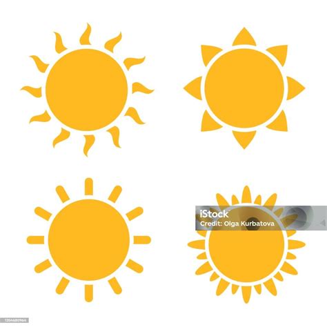 태양 아이콘 만화 노란색 별 픽토그램 은 다른 모양의 아이콘을 선 화창한 날씨 더운 여름 시즌 기호 태양 실루엣 문신 또는 로고 타입 요소 벡터 격리 집합 0명에 대한 스톡