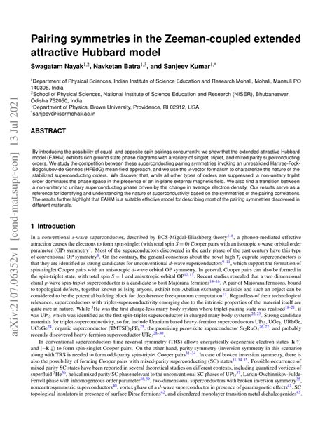 Pdf Pairing Symmetries In The Zeeman Coupled Extended Attractive Hubbard Model