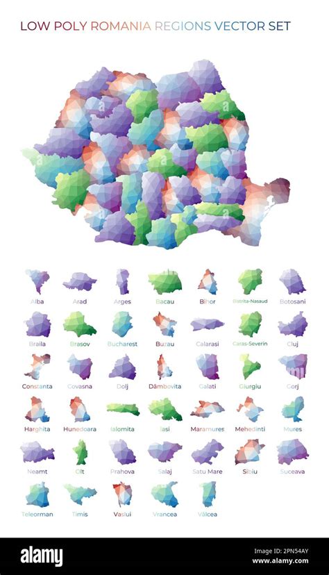 Romanian Low Poly Regions Polygonal Map Of Romania With Regions Geometric Maps For Your Design