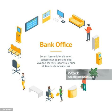 가구와 사람들과 은행 사무실 인테리어 배너 카드 동그라미 등각 보기 벡터 가구에 대한 스톡 벡터 아트 및 기타 이미지 가구