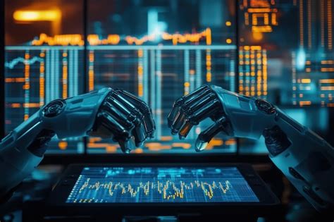 Robotic Hands Analyzing Financial Data On A Computer Screen Premium