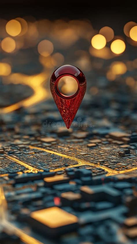 Gps Location Pin Hovering Above A City Map At Night With A Blurred Background And City Lights