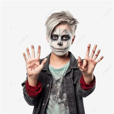 할로윈 화장을 한 소년이 위협적인 손짓을 보여줍니다 의상 파티 할로윈 메이크업 할로윈 소녀 Png 일러스트 및 이미지 에