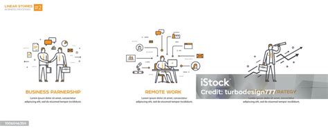 선형 평면 디자인 얇은 선 벡터 일러스트 레이 션입니다 비즈니스 프로세스 및 협력 개념 거래 원격 작업 전략 목표 설정 계획 개념에 대한 스톡 벡터 아트 및 기타 이미지