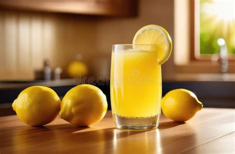A Glass of Freshly Squeezed Lemon Juice on a Wooden Table, Citrus Drink, Ripe Lemons, Bright ...