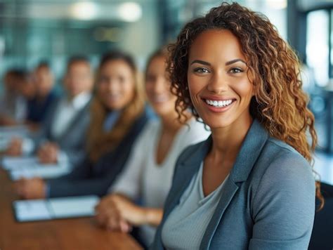 Premium Photo Woman Smiling In Front Of Group