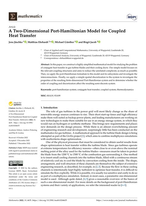 Pdf A Two Dimensional Port Hamiltonian Model For Coupled Heat Transfer