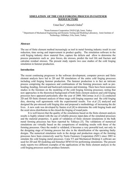 Pdf Application Of Cold Forging Simulations In · The Use Of Finite