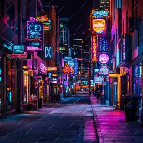 Neon Signage A Vibrant City Street At Night With Colorful Neon Signs