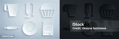 계피 머핀 롤링 핀 요리책 믹서기 및 계량컵 아이콘으로 롤 롤 롤빵을 설정합니다 벡터 3차원 형태에 대한 스톡 벡터 아트 및 기타 이미지 Istock