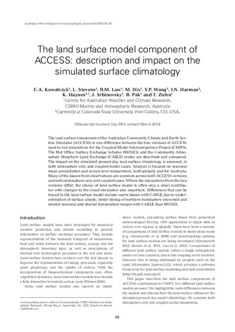 Pdf The Land Surface Model Component Of Access Description And Impact On The Simulated