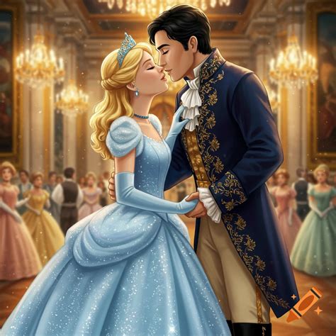 Illustration Of Cinderella And Prince Charming Kissing On Craiyon