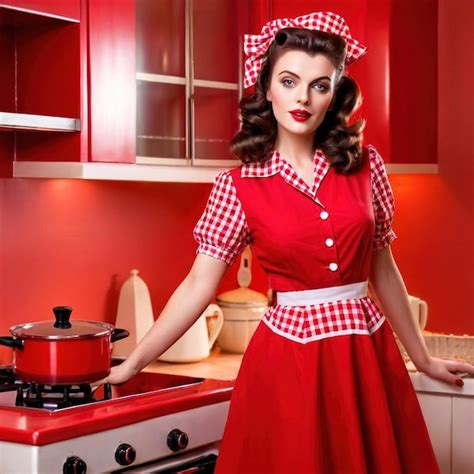 Premium Photo Retro Housewife In Red And White Checkered Dress In
