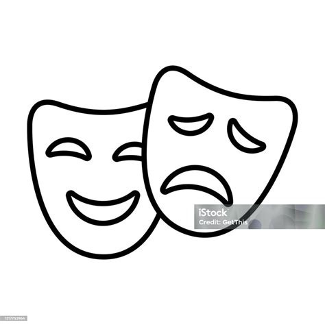 코미디와 드라마 비극적이고 코믹한 얼굴 가면 블랙 아이콘 행복하고 슬픈 분위기 트렌디 한 평면 고립 된 기호 기호 일러스트 레이션 윤곽 로고 모바일 응용 프로그램 디자인 웹