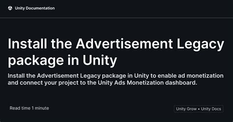 Install The Advertisement Legacy Package In Unity • Unity Grow • Unity Docs