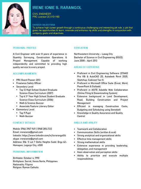 Engr Irene Ionie S Rarangol Cv Pdf Pdf