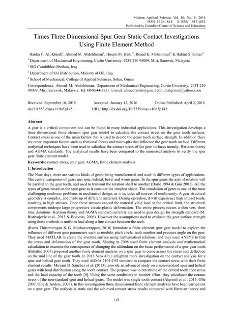 Pdf Times Three Dimensional Spur Gear Static Contact Investigations Using Finite Element Method