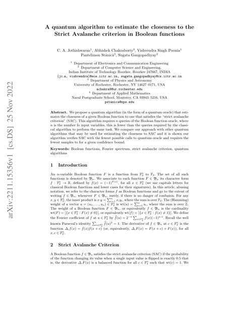 Pdf A Quantum Algorithm To Estimate The Closeness To The Strict Avalanche Criterion In Boolean
