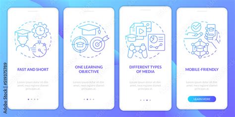 Microlearning Characteristics Blue Gradient Onboarding Mobile App Screen Walkthrough 4 Steps