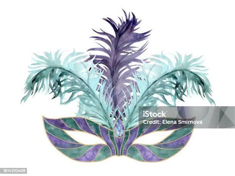 손으로 그린 수채화 마디 그라 카니발 기호입니다 극장 가장 무도회 서커스 가면 깃털 금색 보라색 녹색 흰색 배경에 고립된 단일 개체입니다 파티 초대장 인쇄 상점을 위한