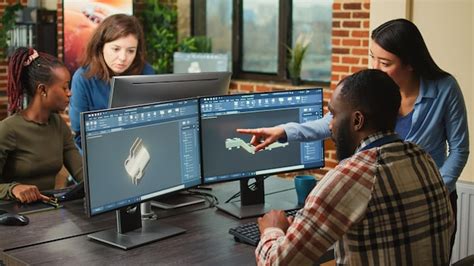 engenheiros 3d criativos projetando braçadeira mecânica em software cad