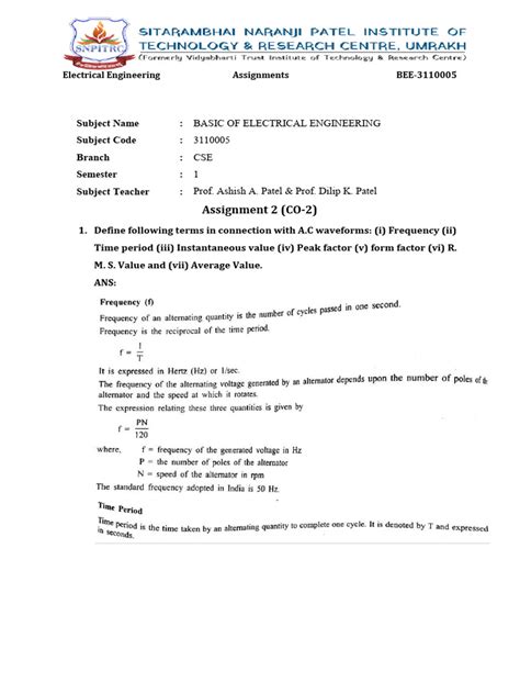 3110005 Bee Assignment 2 With Solutions Pdf