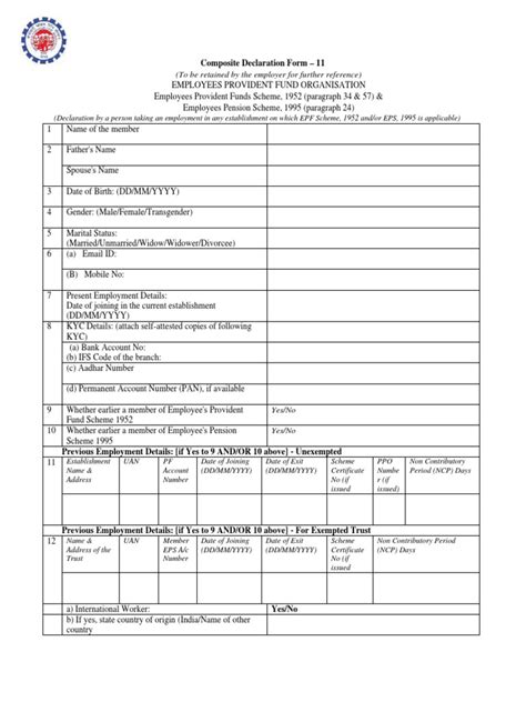 Form 11 Pf Declaration Form Pdf Business