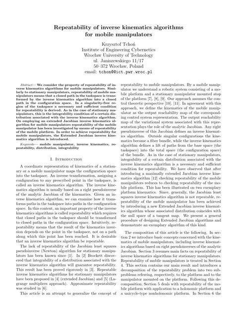 Pdf Repeatability Of Inverse Kinematics Algorithms For Mobile Manipulators