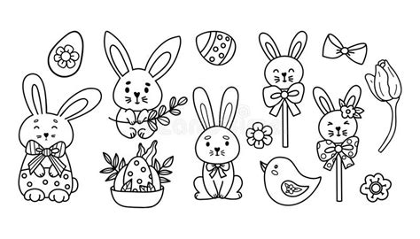 Outline Cute Easter Bunnies Doodle Spring Holiday Paschal Collection